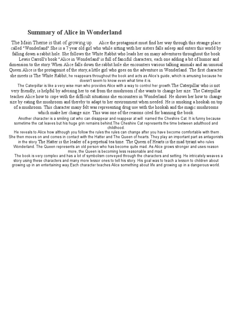 Summary of Alice in Wonderland | PDF | Alice (Alice's Adventures In ...