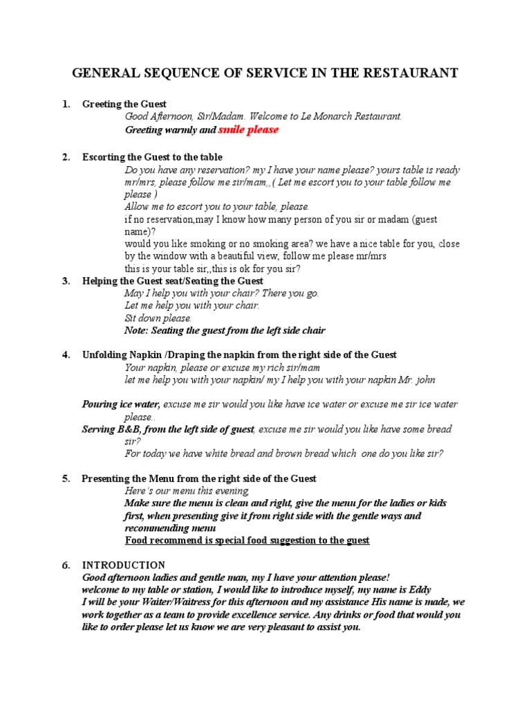 General Sequence of Service in The Restaurant | PDF | Indonesian ...