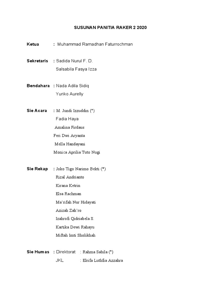 Susunan Panitia Raker 2 2020 | PDF