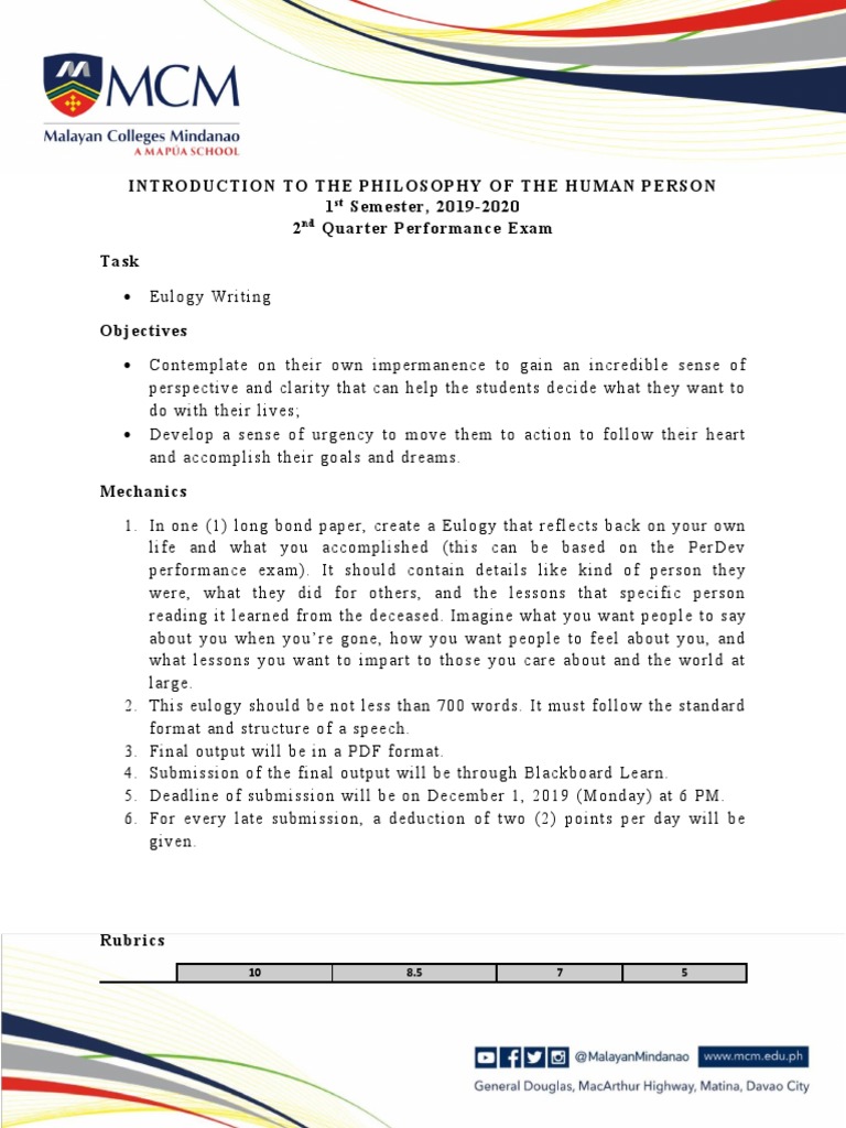Eulogy Making Rubrics and Mechanics | PDF | Narration | English Language