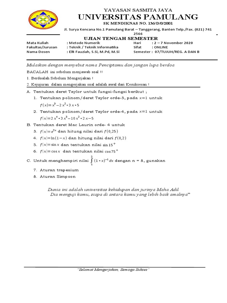 Soal UTS METODE NUMERIK | PDF