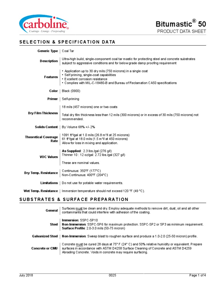 Bitumastic 50: Selection & Specification Data | PDF | Ventilation ...