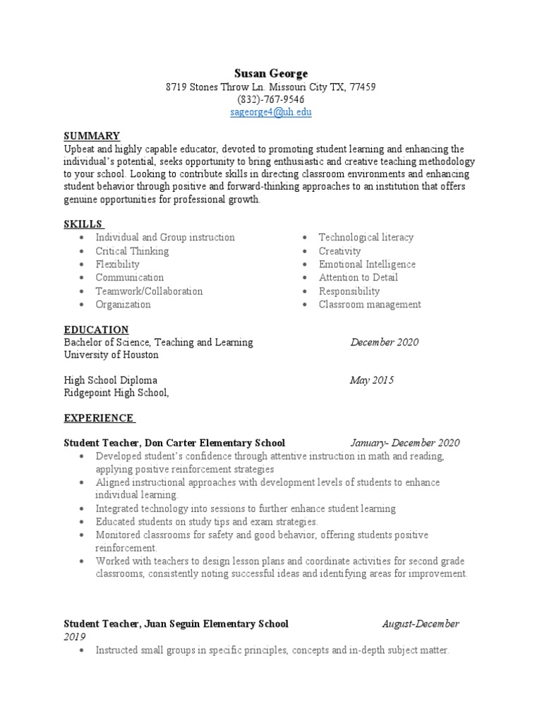 Resume - Susan | PDF | Teachers | Lesson Plan