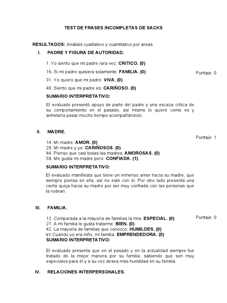 Interpretación del Test de Sacks | PDF | Sicología | Ciencias del ...