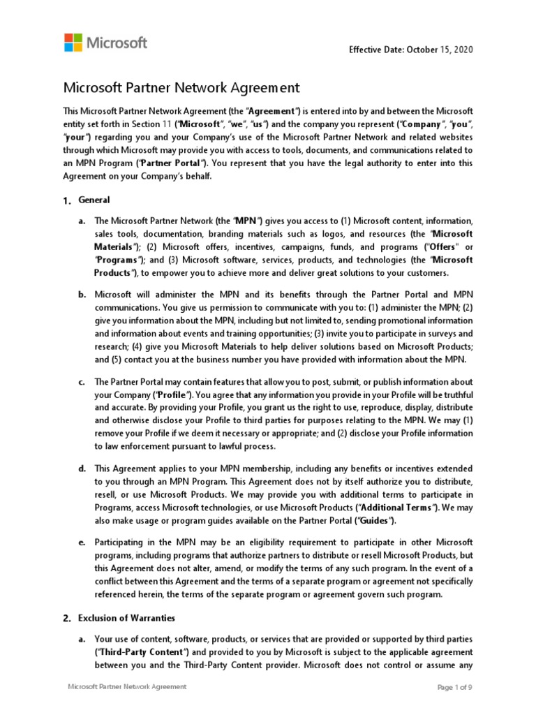 Microsoft Partner Network Agreement Page 1 of 9 | PDF | Non Disclosure ...