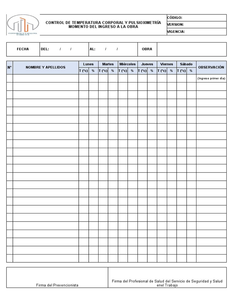 ANEXO 4. Formato de Control de Temp y Pulsioximetría | PDF