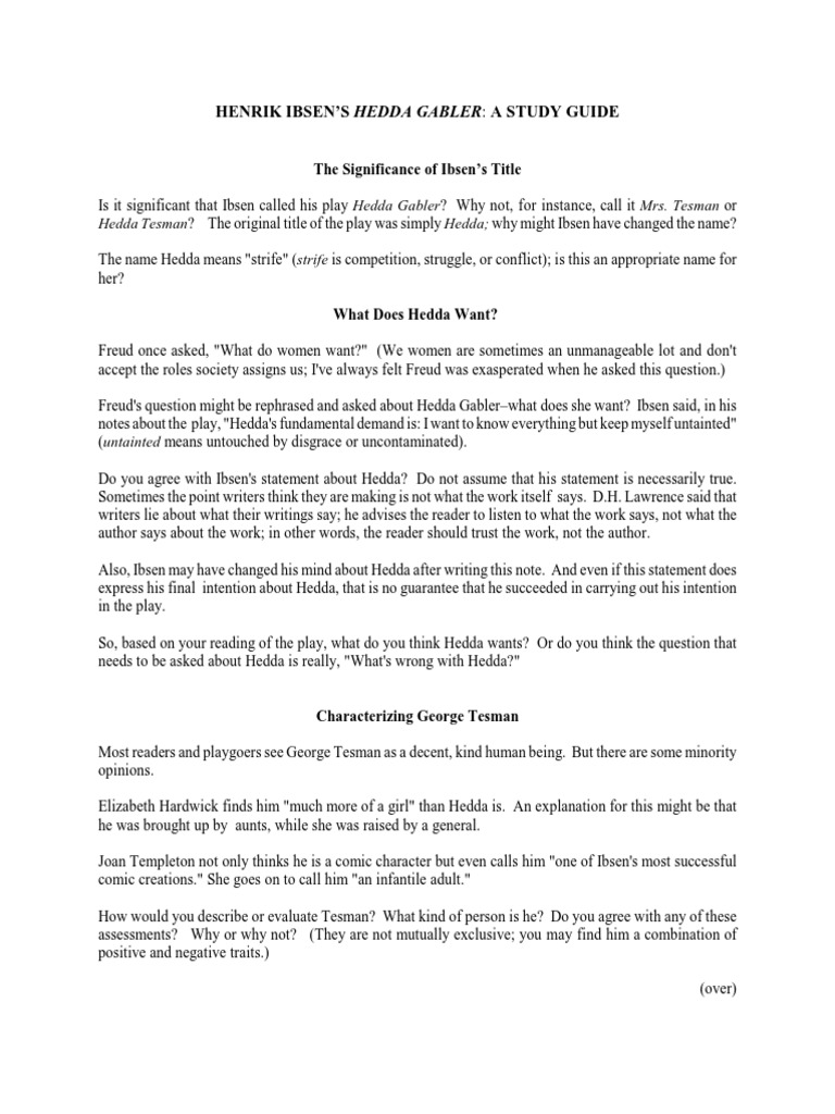 Henrik Ibsen'S Hedda Gabler: A Study Guide | Download Free PDF ...