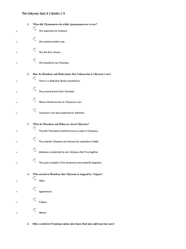 Odyssey Quiz 1 | PDF | Odyssey | Odysseus