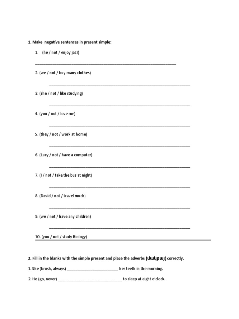 Make Negative Sentences in Present Simple | PDF