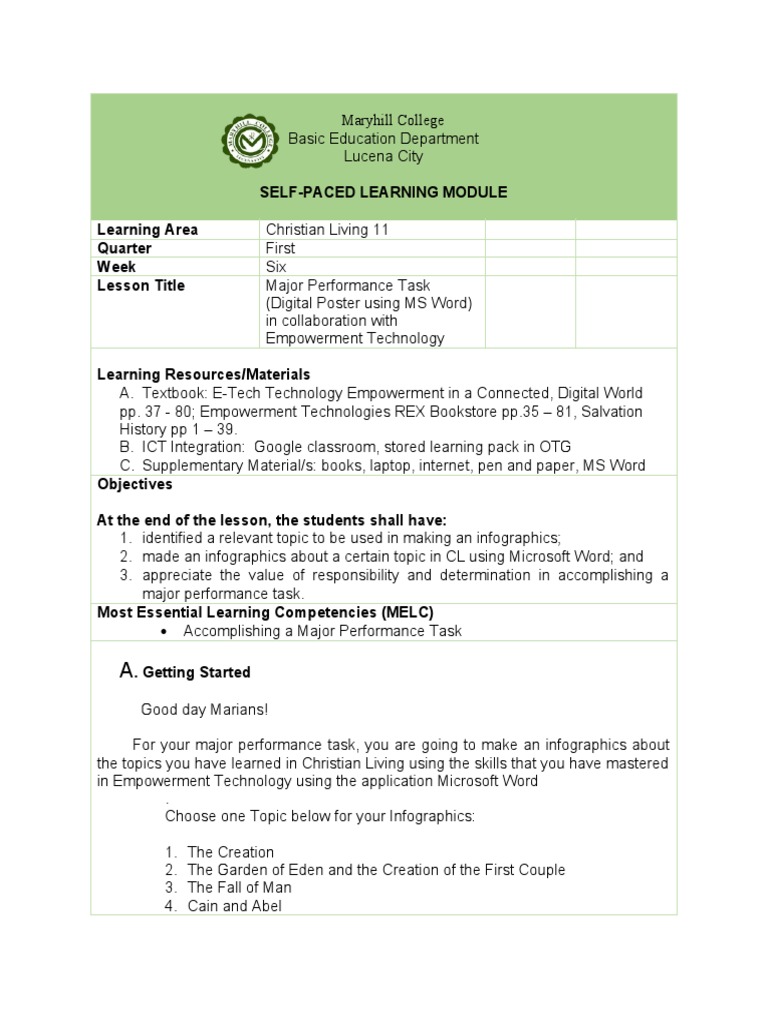 Self-Paced Learning Module Learning Area Quarter Week Lesson Title ...