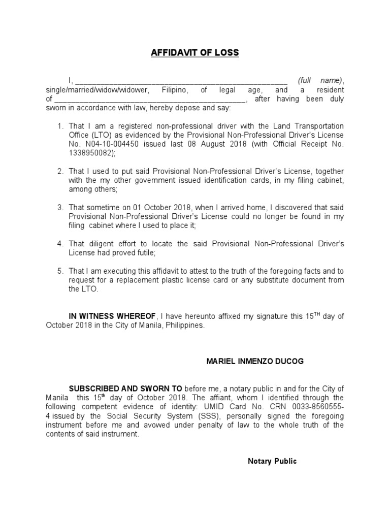 AFFIDAVIT OF LOSS Template | PDF
