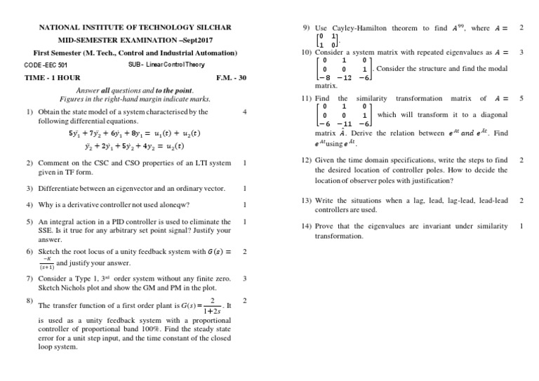 Mid - Sem - 2017 - Linear Control System | PDF | Control Theory ...