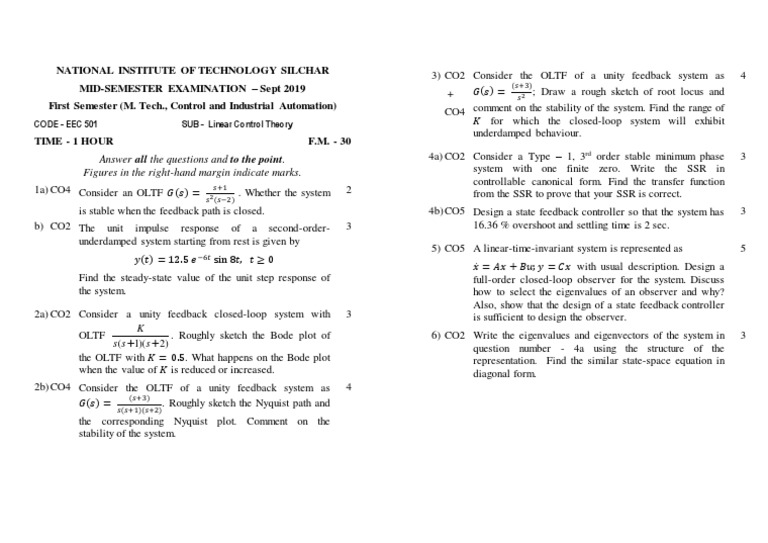 Mid - Sem - 2019 - Linear Control System | PDF | Control Theory ...