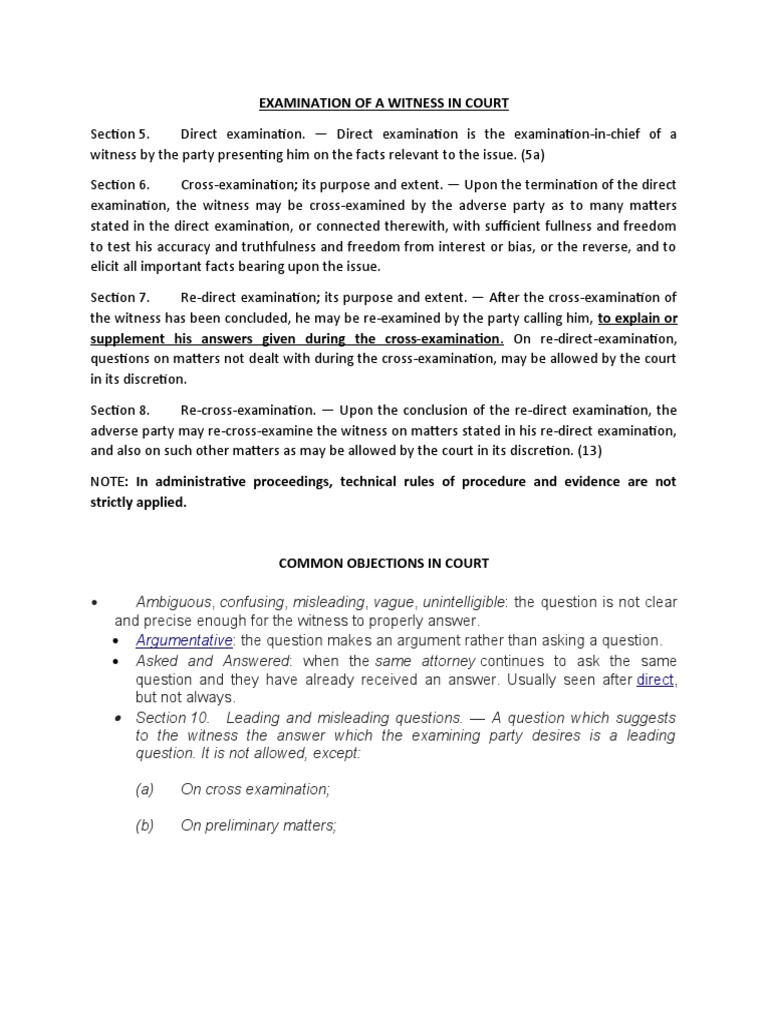 Common Objections in Court | PDF | Cross Examination | Witness