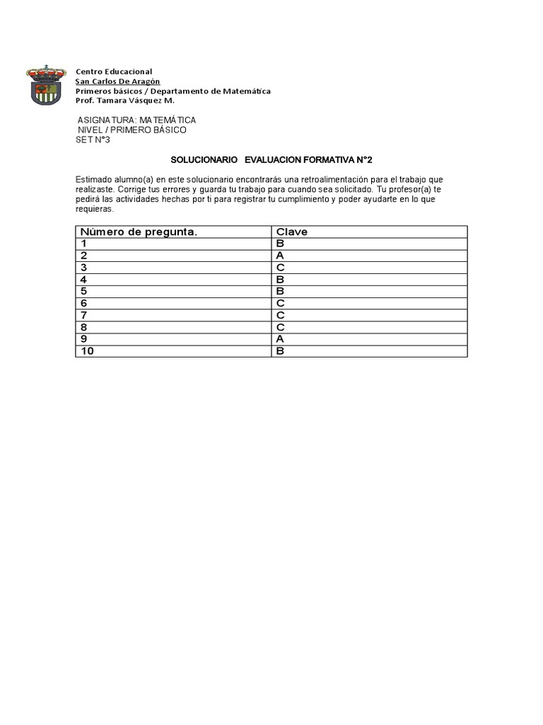 Solucionario Evaluación Formativa N°2, Set 3 | PDF