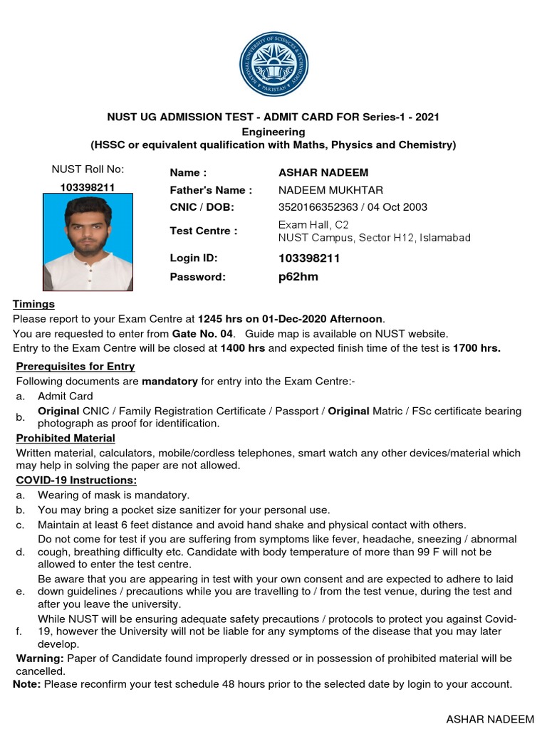 Exam Hall, C2 NUST Campus, Sector H12, Islamabad | PDF | Identity ...