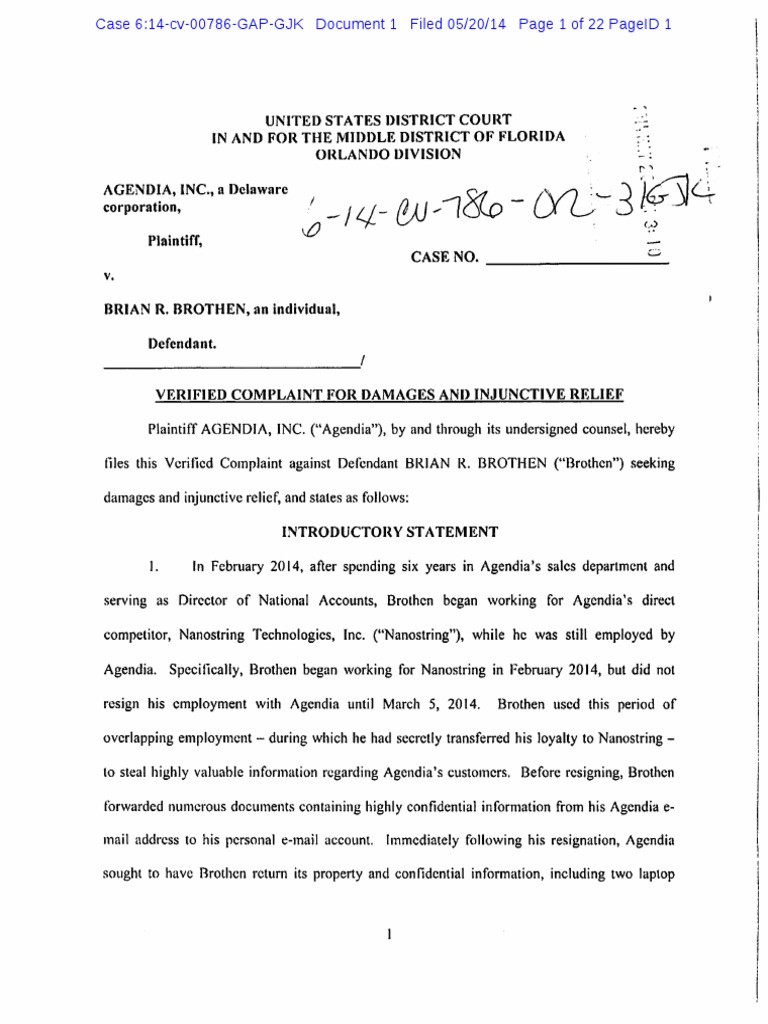 Agendia V Brian Brothen 6:14-cv-00786 US District CT - Middle District ...