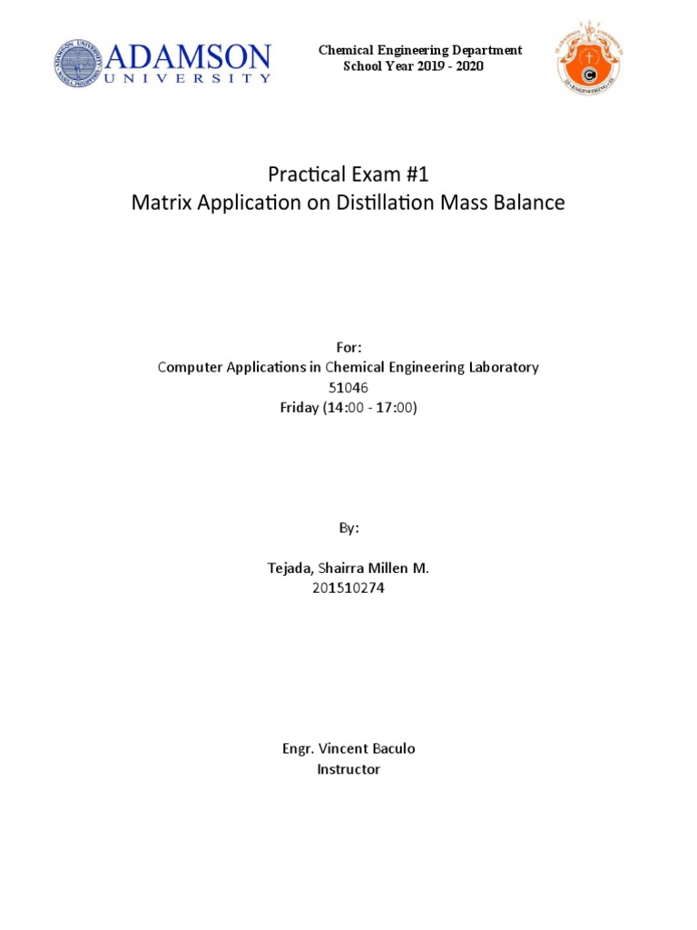 Practical Exam #1 Matrix Application On Distillation Mass Balance | PDF ...