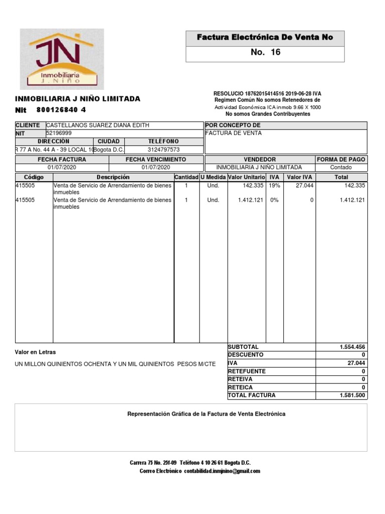 Nit Inmobiliaria J Niño Limitada 4: Factura Electrónica de Venta No ...