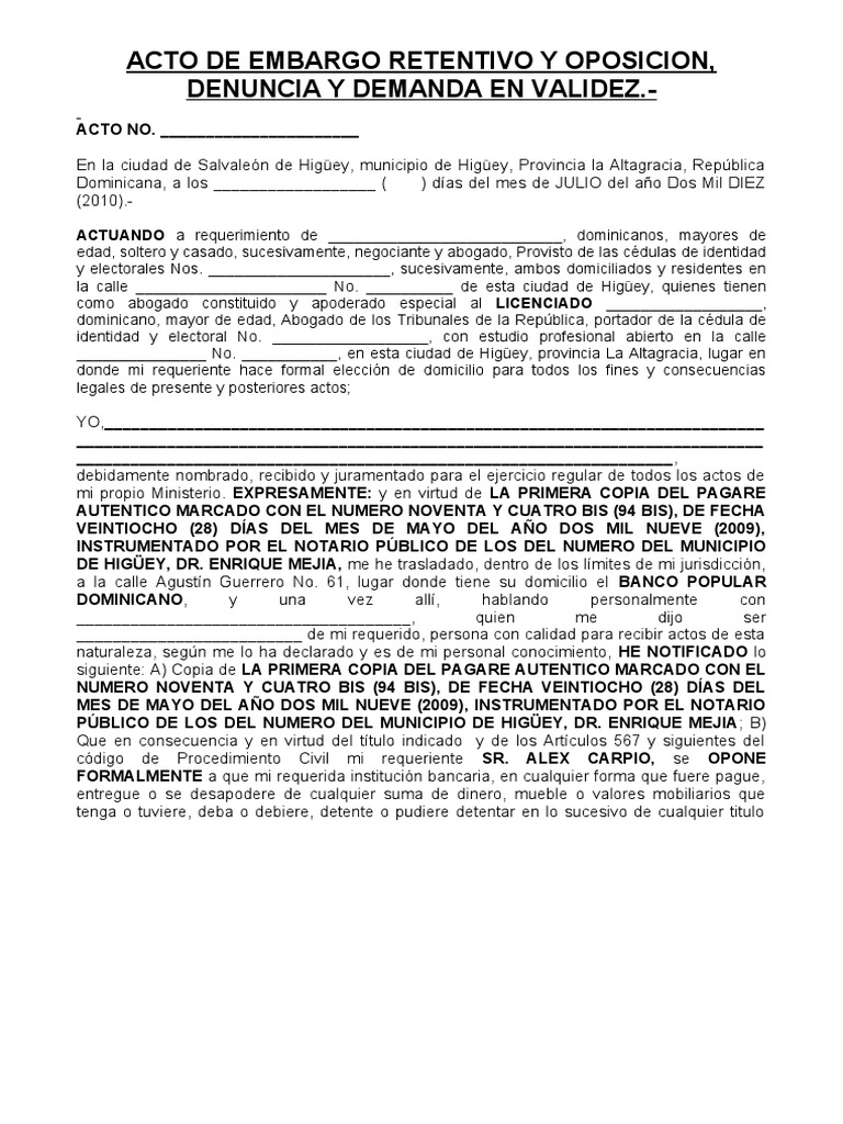 Acto de Embargo Retentivo y Oposicion | PDF | Pagos | República Dominicana