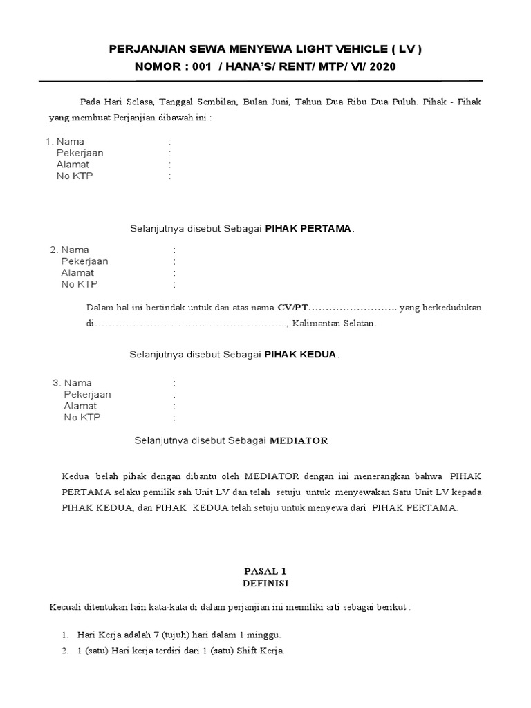 Draft - Baru - Surat Perjanjian Sewa Mobil | PDF