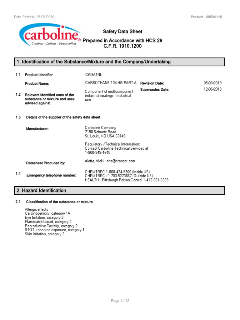 CARBOTHANE 134 HG PART A Safety Data | PDF | Toxicity | Firefighting