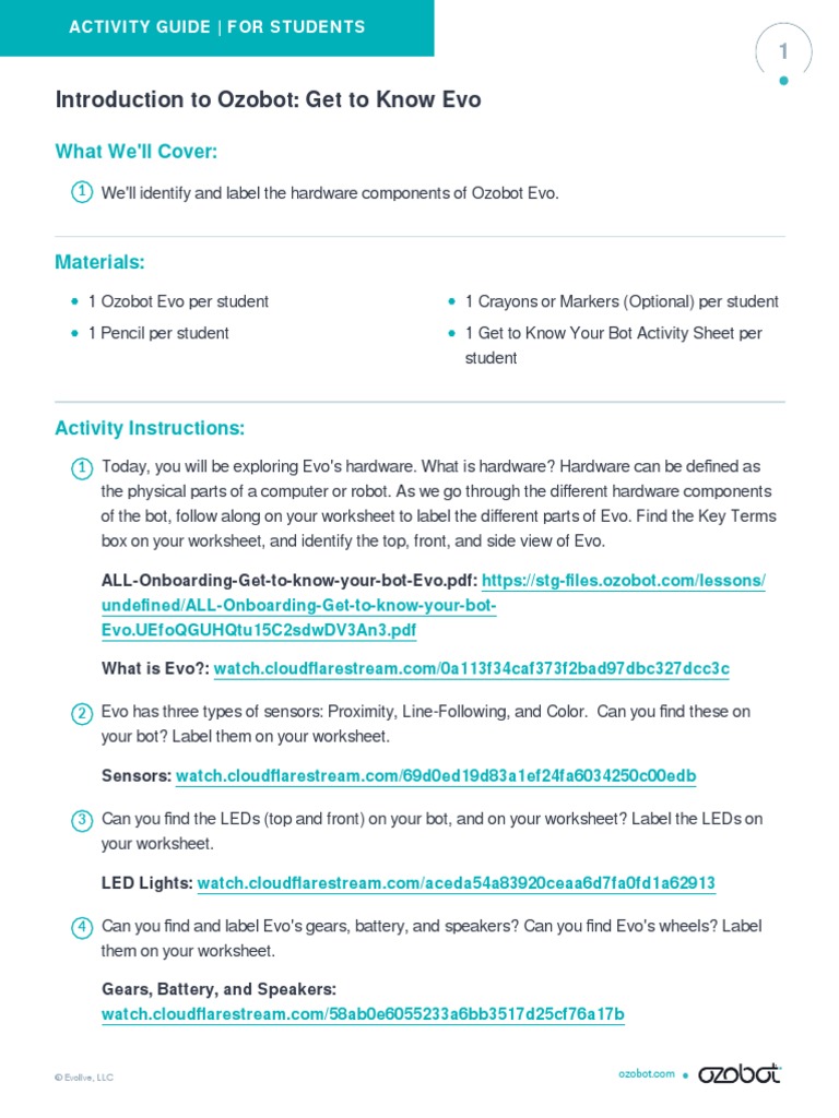 Student Guide Introduction To Ozobot Get To Know Evo | PDF