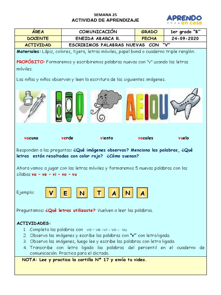 Escribimos Palabras Con La Letra V | PDF