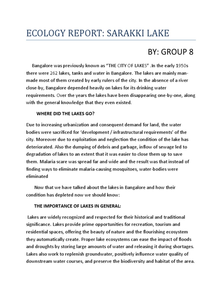 Ecology Report: Sarakki Lake: By: Group 8 | PDF | Lake | Bangalore