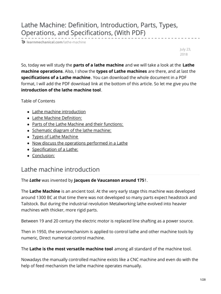Lathe Machine Parts and Operations Guide | PDF