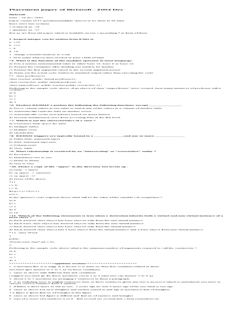 Birlasoft Placement Paper 1 PDF | PDF | Class (Computer Programming) | Inheritance (Object ...