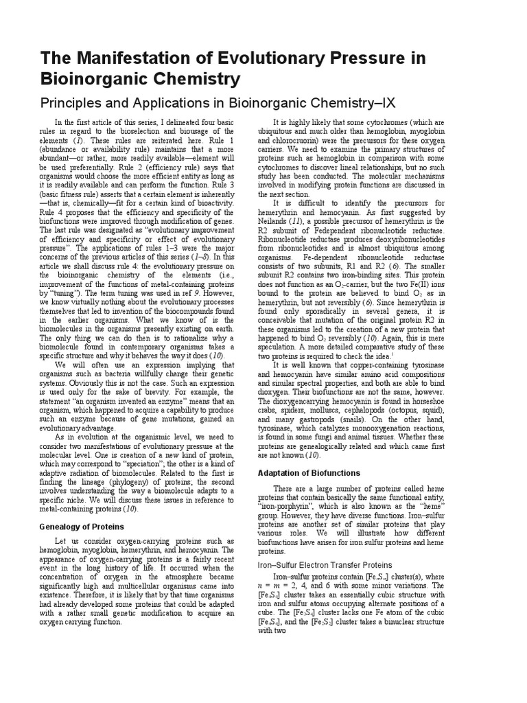 The Manifestation of Evolutionary Pressure in Bioinorganic Chemistry ...
