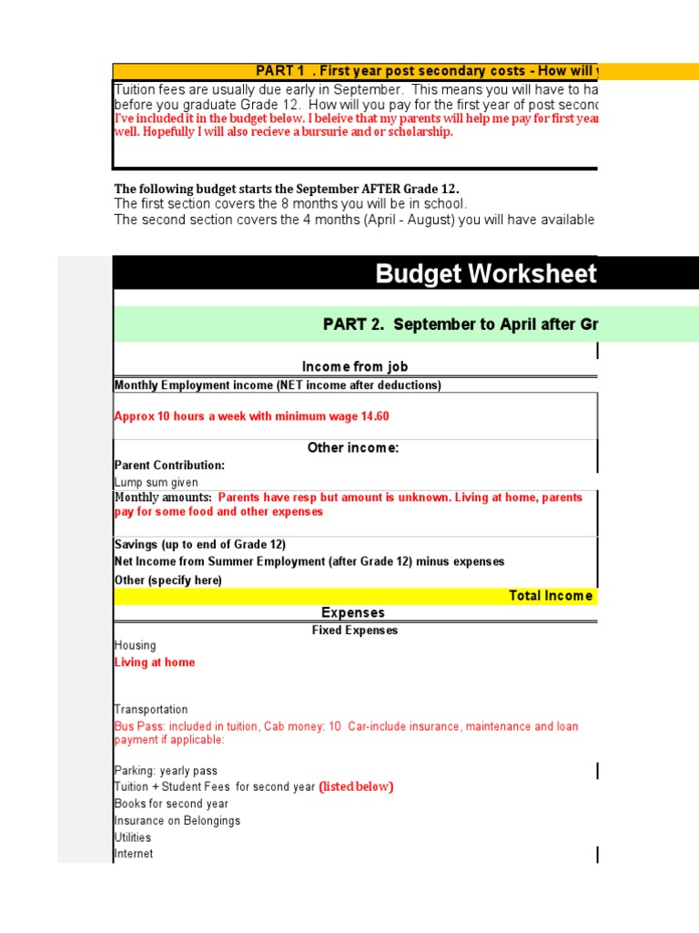 Budget Worksheet: PART 2. September To April After Grade 12 | PDF ...
