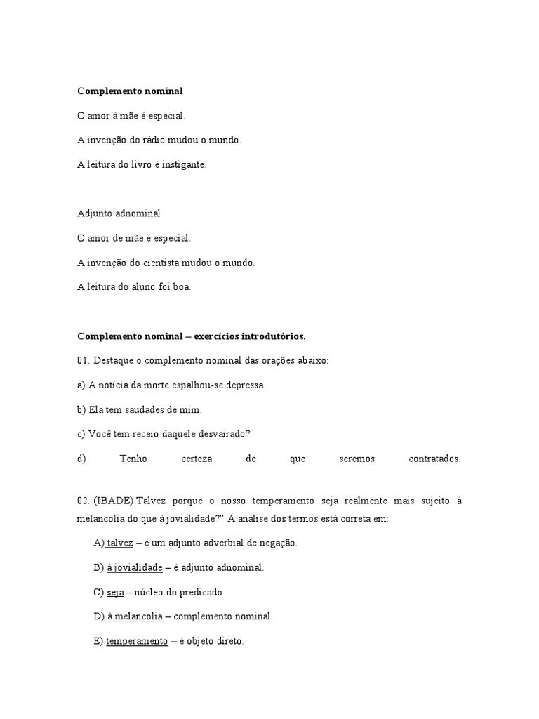 Exercícios de Complemento Nominal | PDF