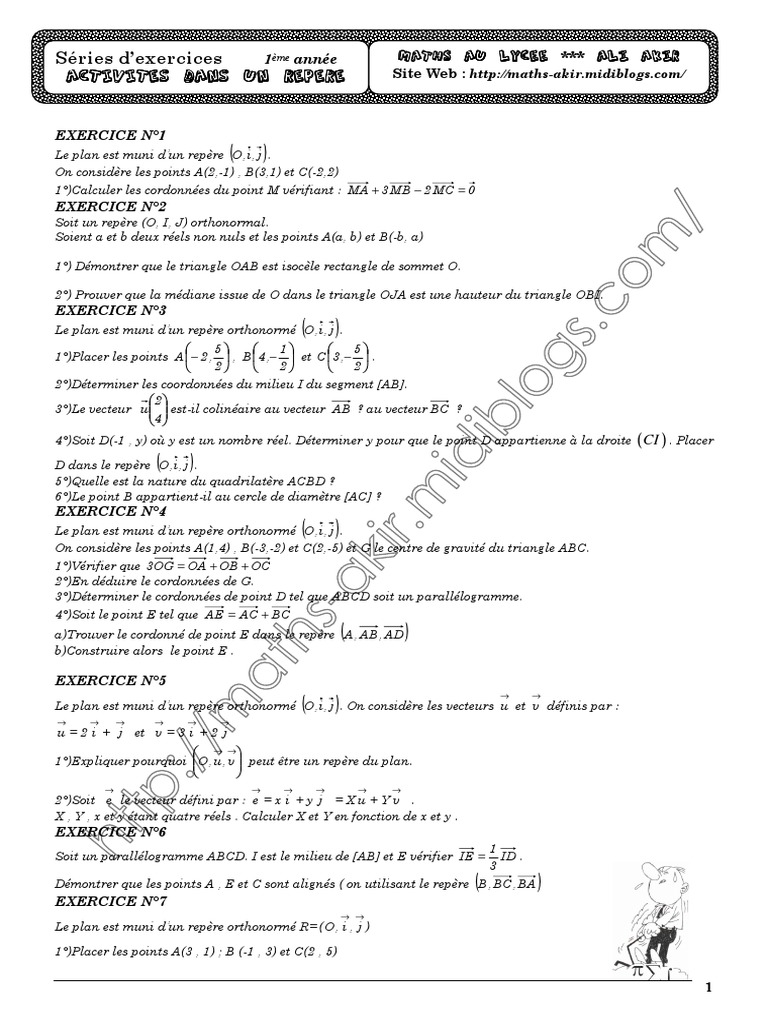 Série D'exercices - Math - Activités Dans Un Repère - 1ère As | PDF ...