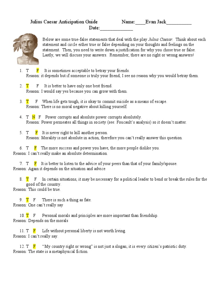 Julius Caesar Anticipation Guide Name: - Evan Jack - Date | PDF ...