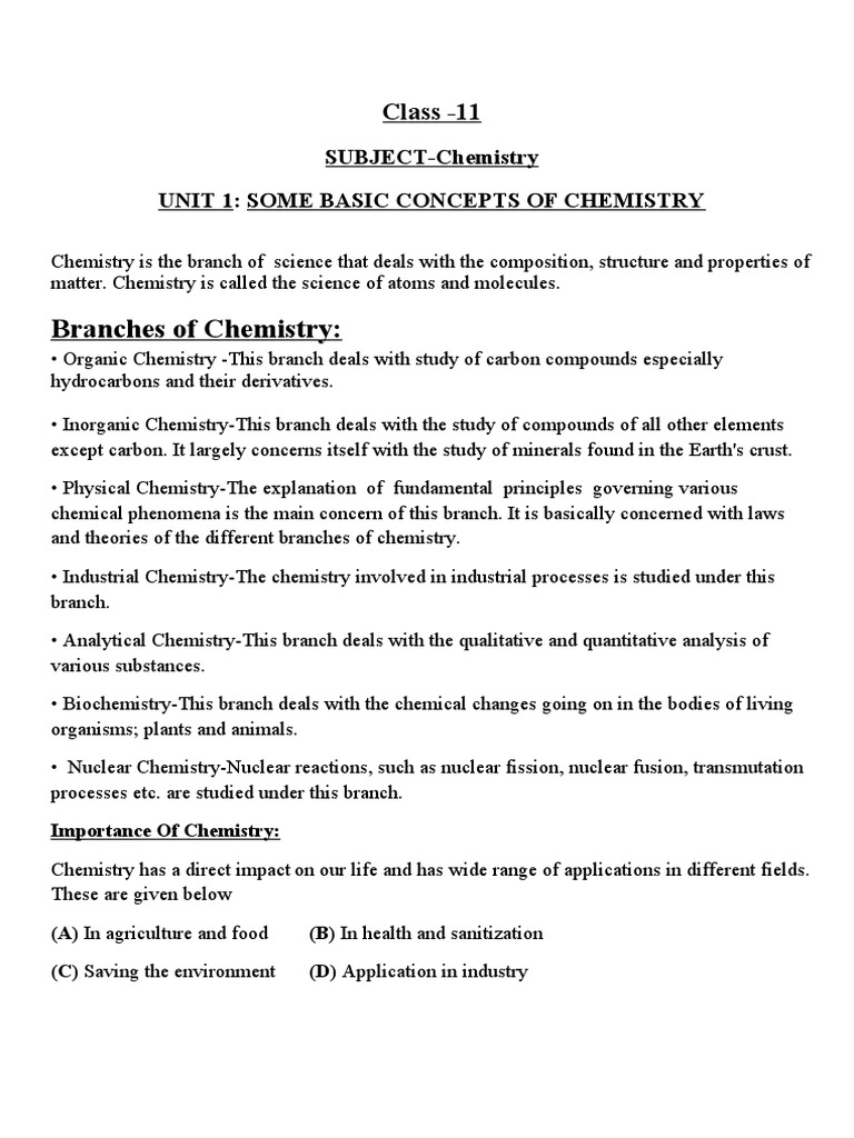 CHEMISTRY Class XI Notes | PDF | Mixture | Diffusion