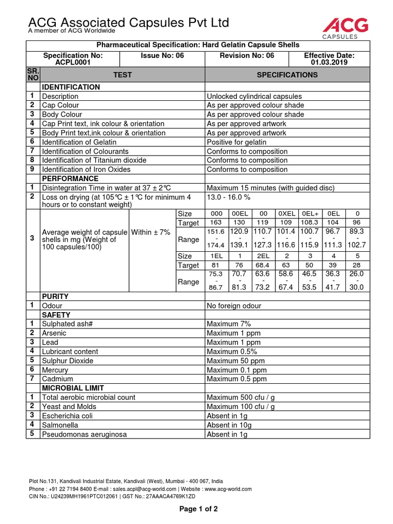 Hard Gelatin Capsule Specs & Dimensions | PDF | Chemistry | Materials