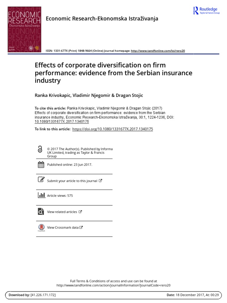 Effects of Corporate Diversification On Firm Performance Evidence From The Serbian Insurance ...