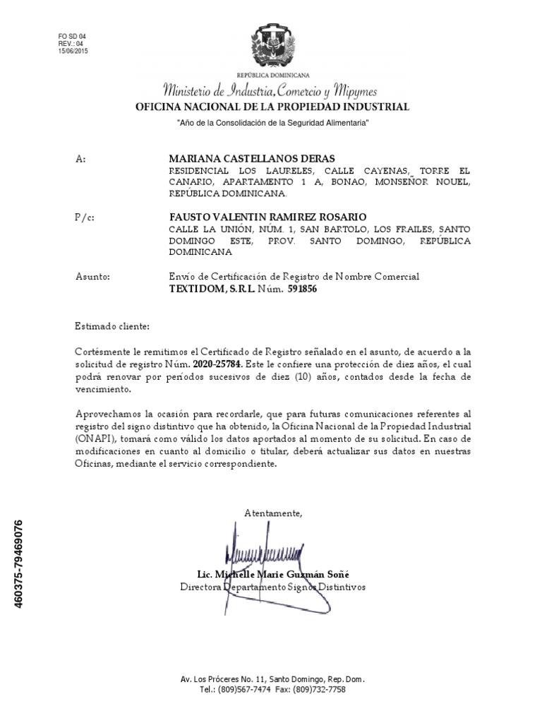 Registro de Nombre en ONAPI TEXTIDOM | PDF