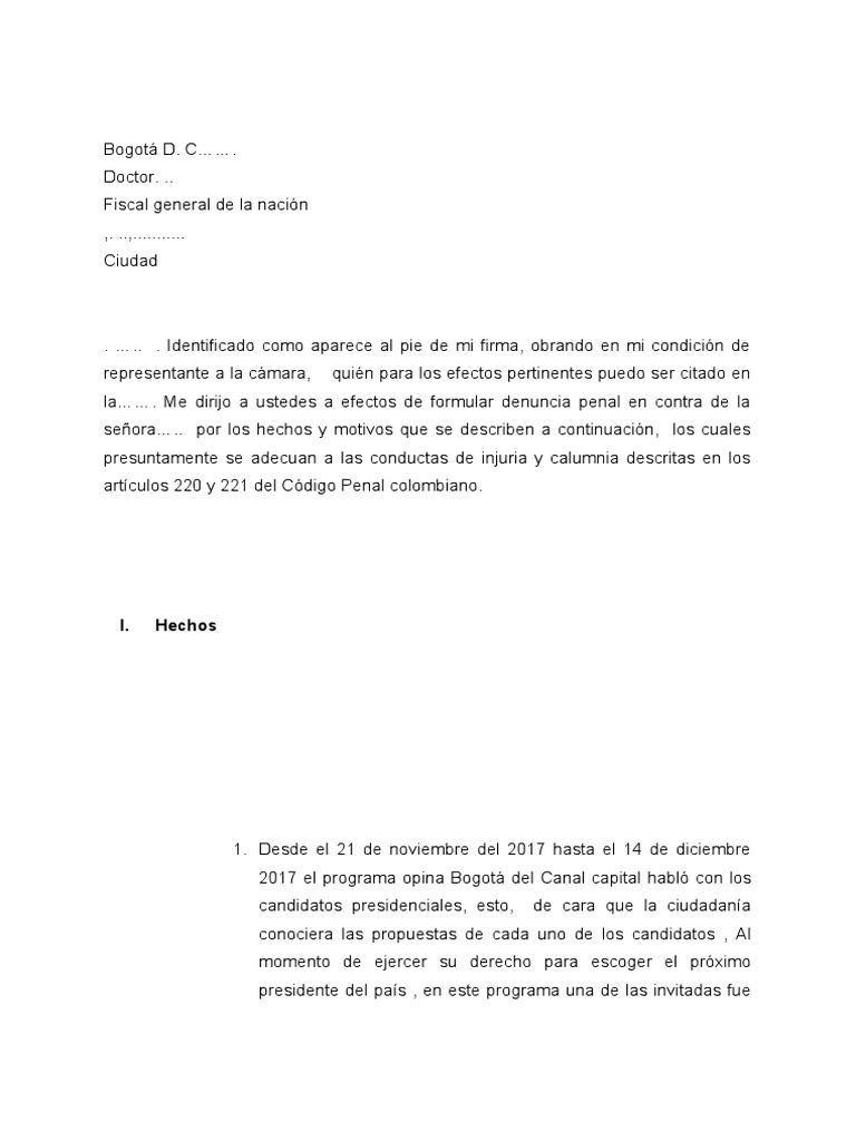 Denuncia de Injuria y Calumnia | PDF | Derecho penal | Caso de ley