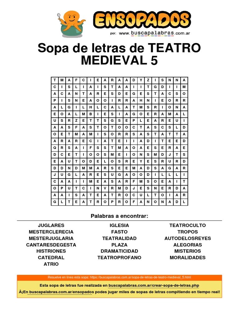 Sopa de Letras de Teatro Medieval - 5 | PDF | Ocio