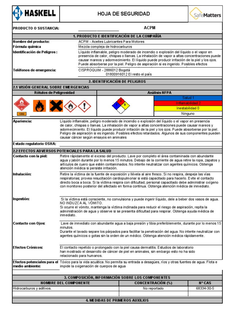 ACPM Hoja de Seguridad Líquido Inflamable Peligro Incendio | PDF ...