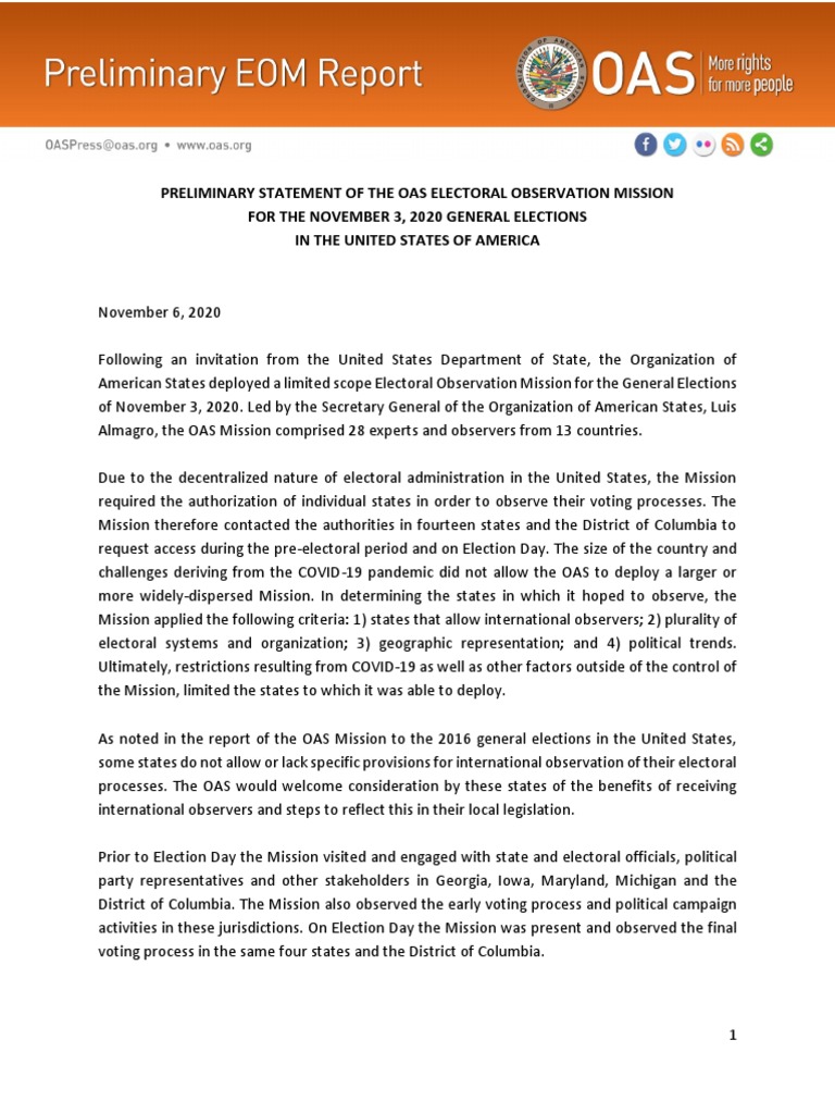 Preliminary Report of The OAS EOM USA 2020 | PDF | Postal Voting ...