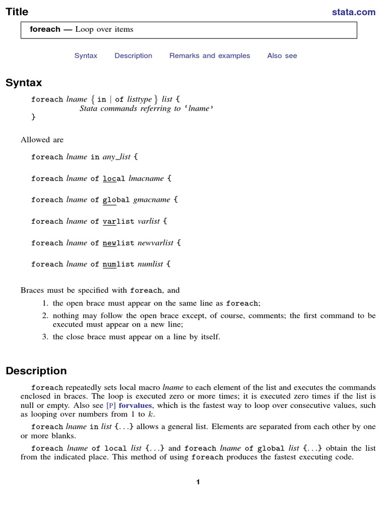 Foreach - Loop Over Items: Syntax Description Remarks and Examples Also ...