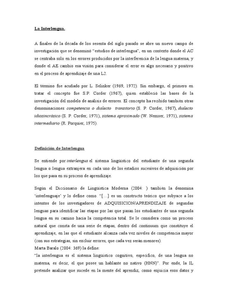 Definición y características de la interlengua | PDF | Lingüística ...