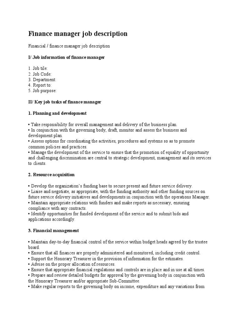 Finance Manager Job Description | PDF | Sales | Budget