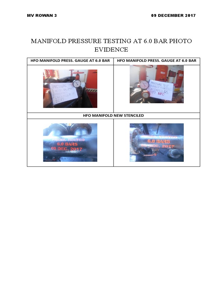 Manifold Pressure Testing at 6.0 Bar Photo Evidence | PDF