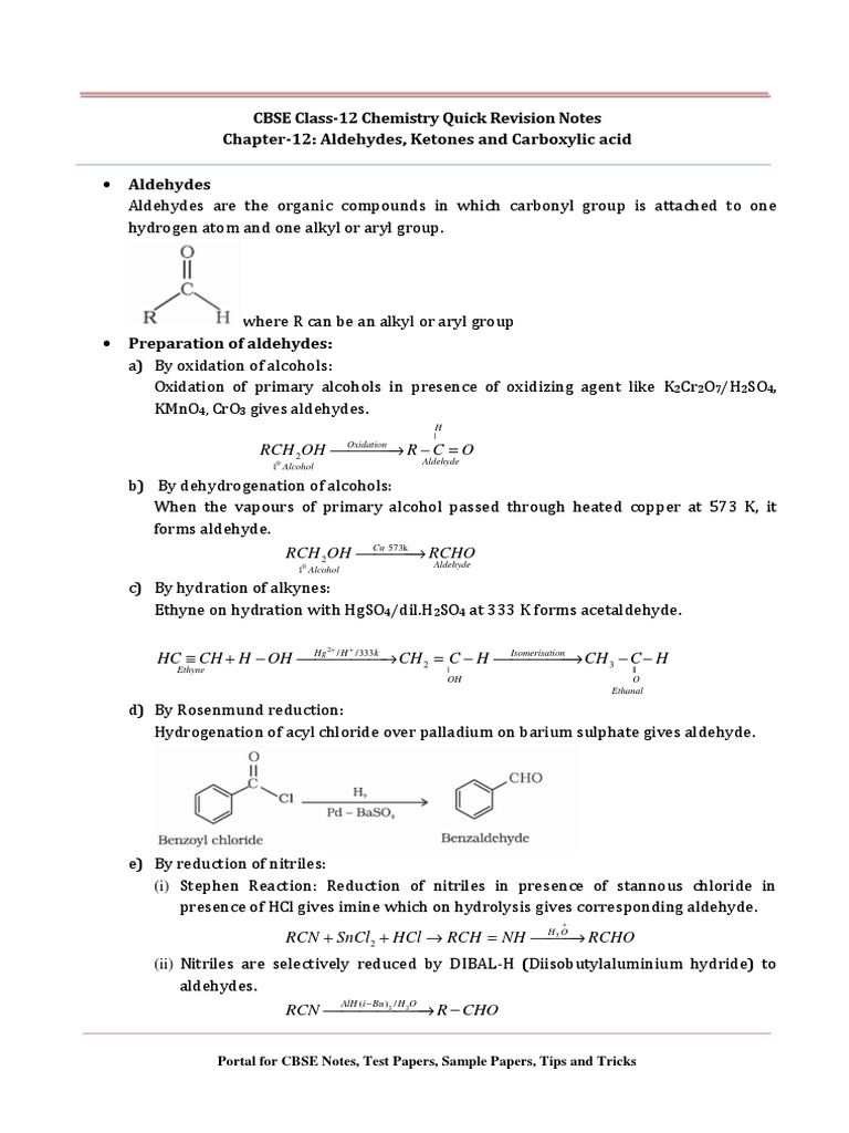 CBSE Class-12 Chemistry Quick Revision Notes Chapter-12: Aldehydes ...