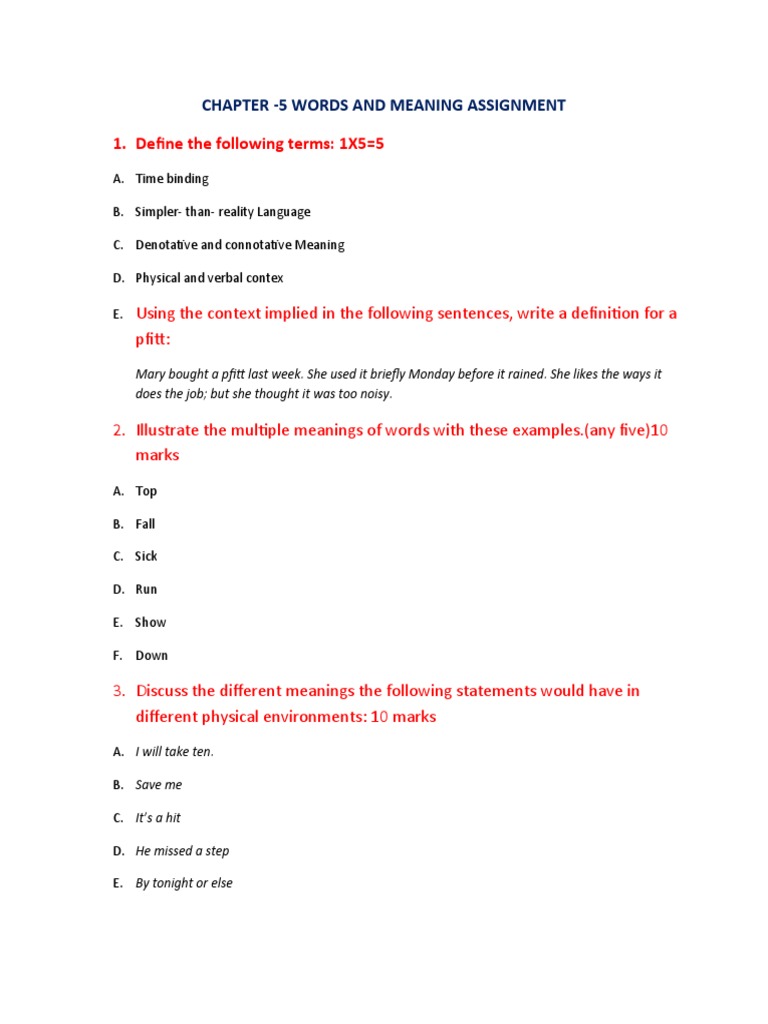 Chpter 5 - Words and Meaning Assignment | PDF